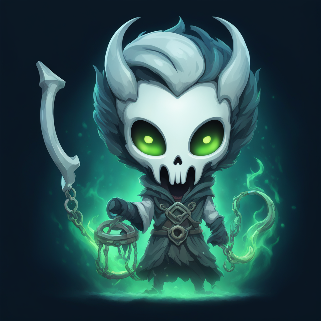 a chained spectral entity, with glowing eyes and a haunting mist form ...