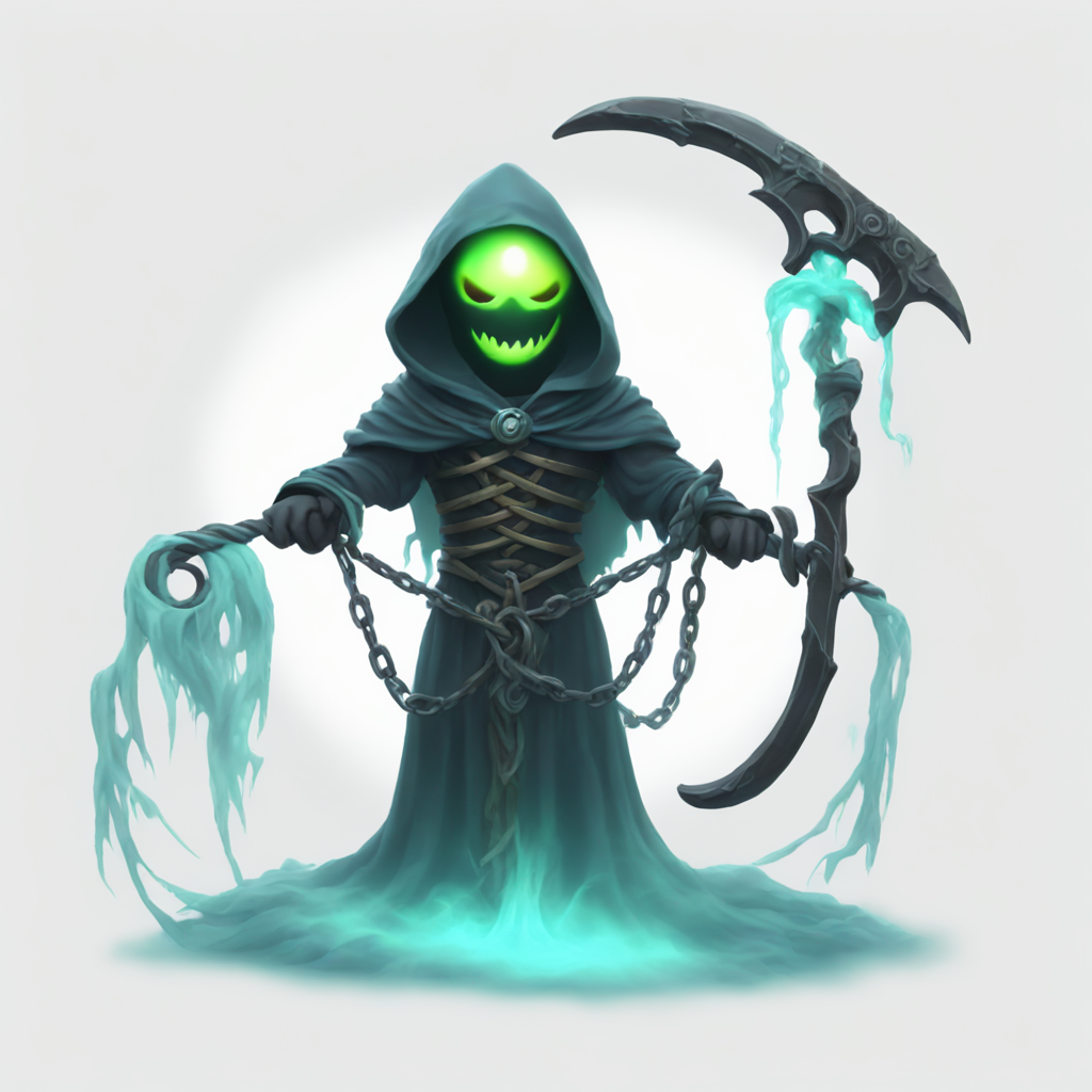 a chained spectral entity, with glowing eyes and a haunting mist form ...